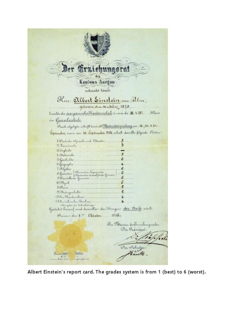 Albert Einstein's Report Card. The Grades System Is From 1 (Best) To 6 ...