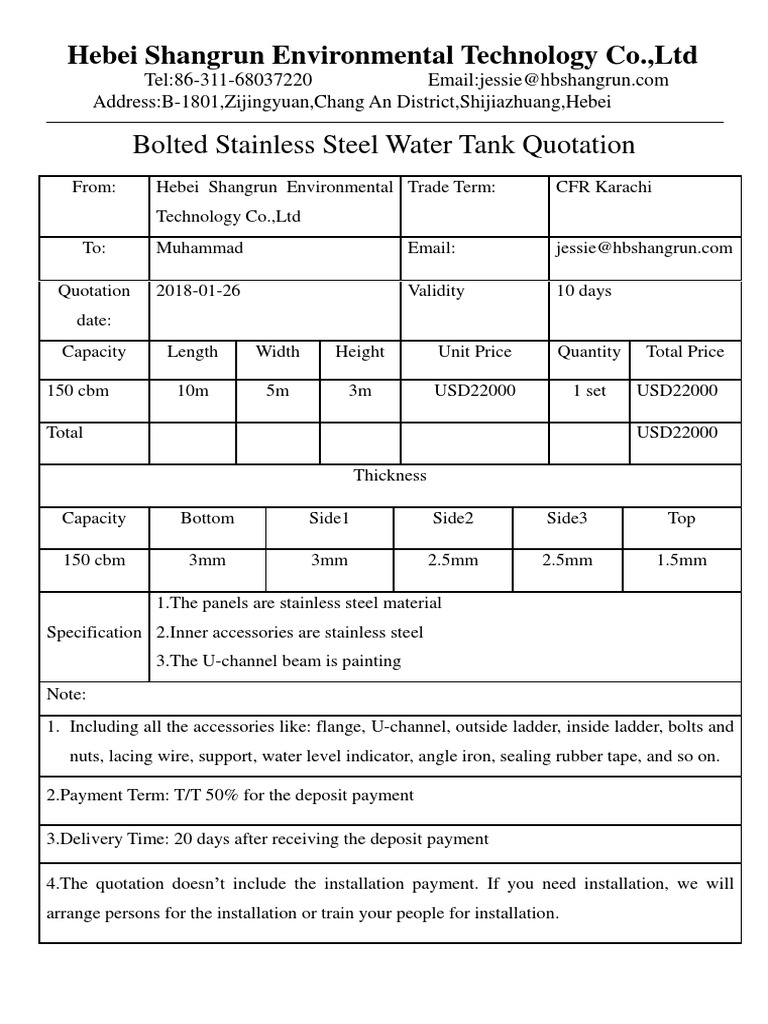 Bolted Stainless Steel Water Tank Quotation | PDF