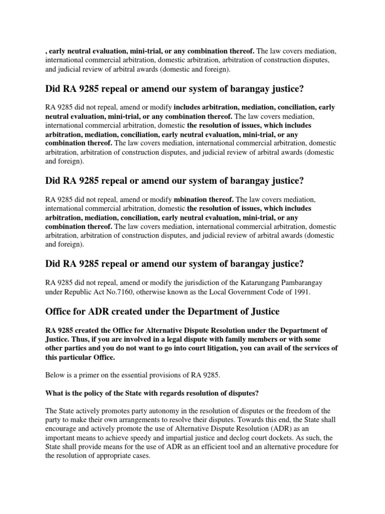 Did RA 9285 Repeal or Amend Our System of Barangay Justice? | PDF ...
