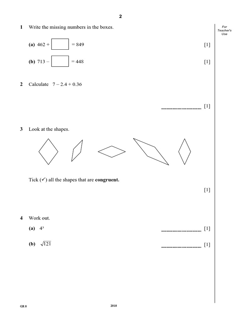 8 Math Paper 1(2) | Geometry | Elementary Geometry