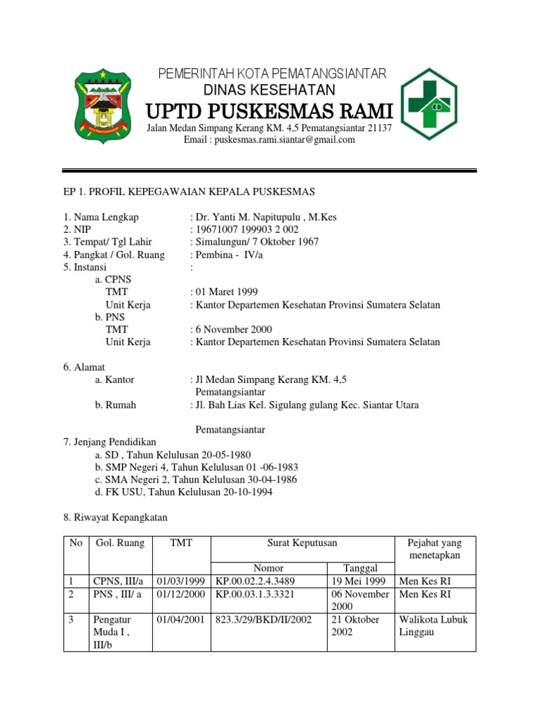 Profil Kepegawaian Kepala Puskesmas Rami | PDF