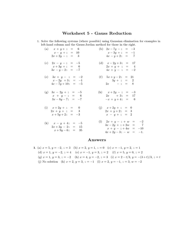 Worksheet 5 - Gauss Reduction: X+y+z X y + Z 10 X 3y + Z 1 | PDF