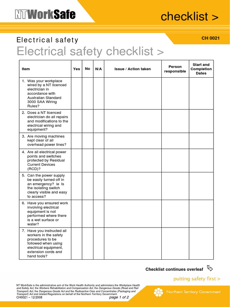 Electrical Safety Checklist | PDF | Dangerous Goods | Electrician