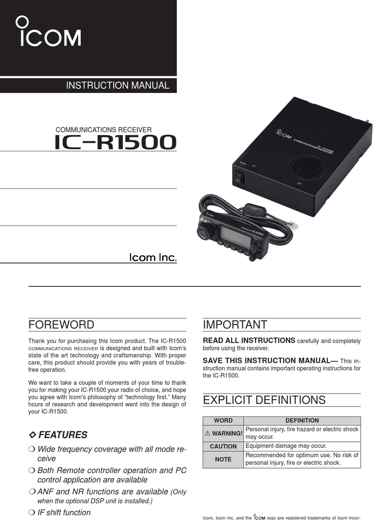Icom IC-R1500 Instruction Manual | PDF | Hertz | Frequency Modulation