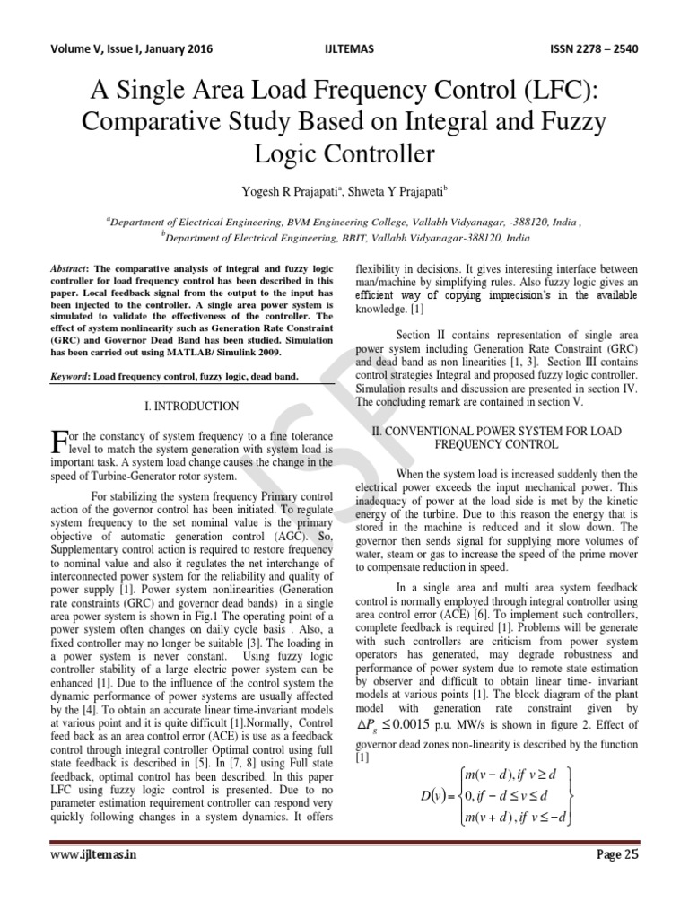 A Single Area Load Frequency Control (LFC) : Comparative Study Based On Integral and Fuzzy Logic ...