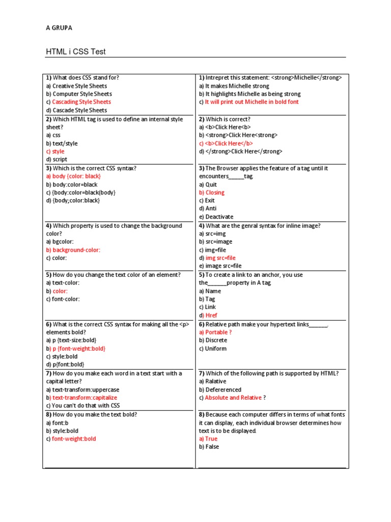 HTML I Css Test: A Grupa | PDF | Html Element | Cascading Style Sheets