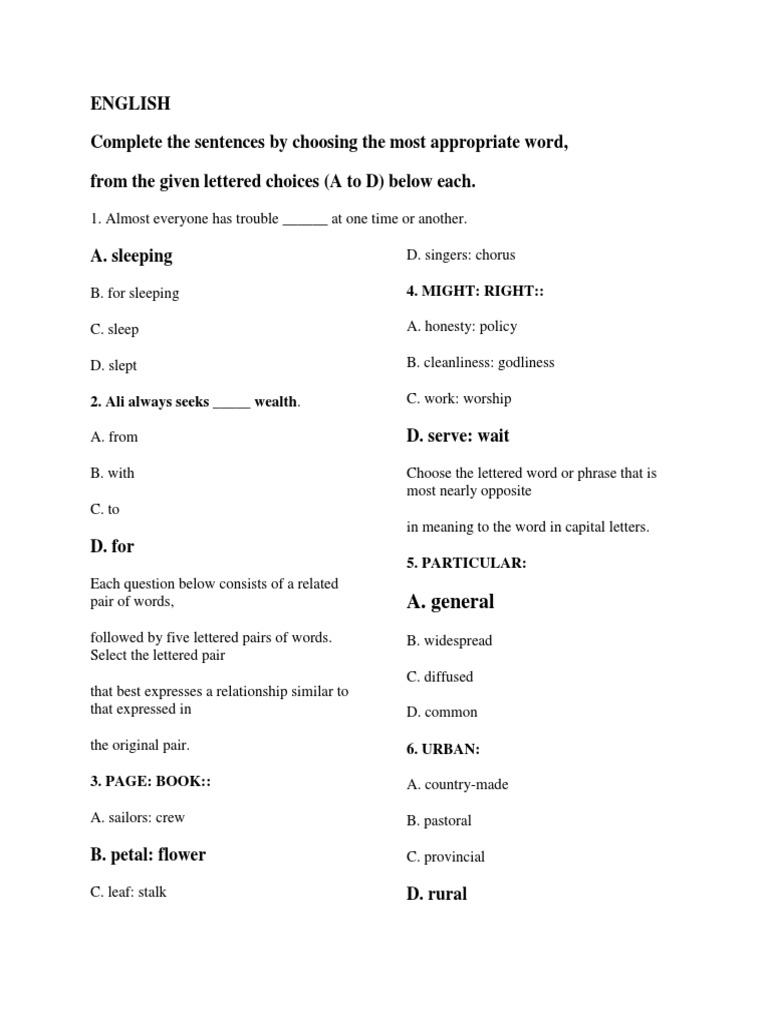 English Complete The Sentences by Choosing The Most Appropriate Word ...