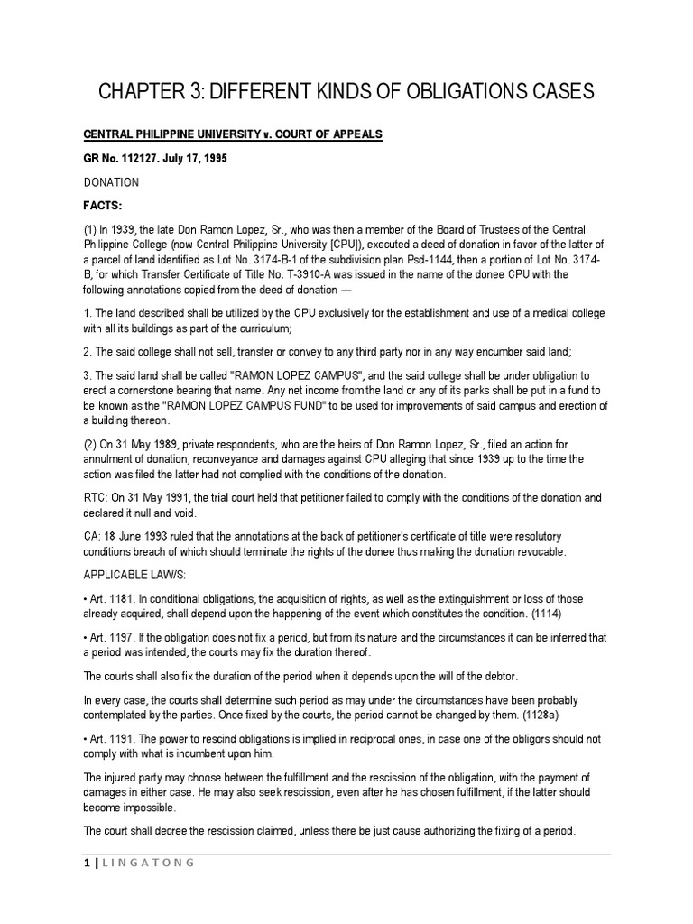 Chapter 3 Oblicon Case Digests | PDF | Breach Of Contract | Lease