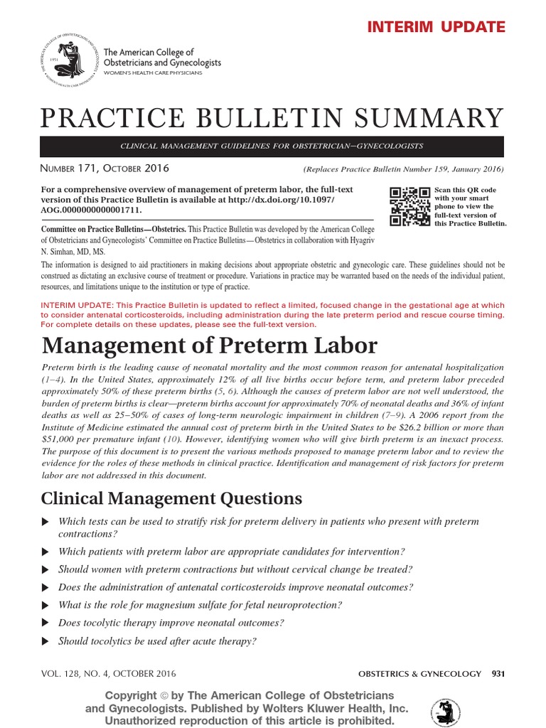 Practice Bulletin No 171 Summary Management of.52 (ACOG | Preterm Birth ...