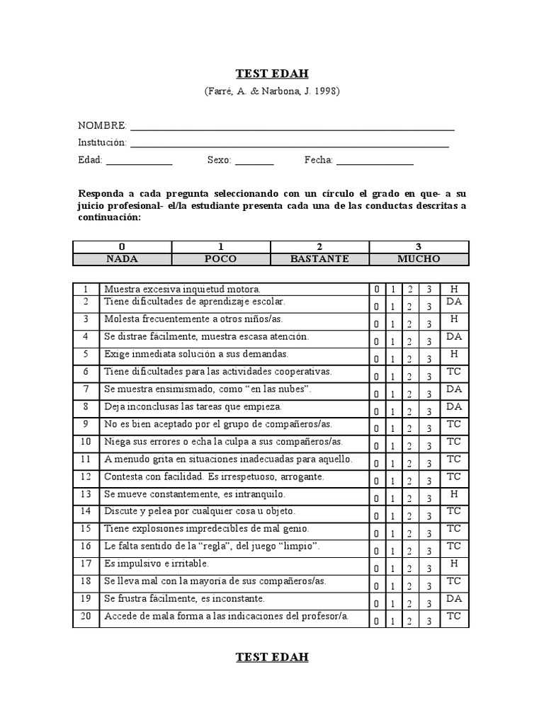 TEST_EDAH.pdf | Trastorno por Déficit de Atención e Hiperactividad ...