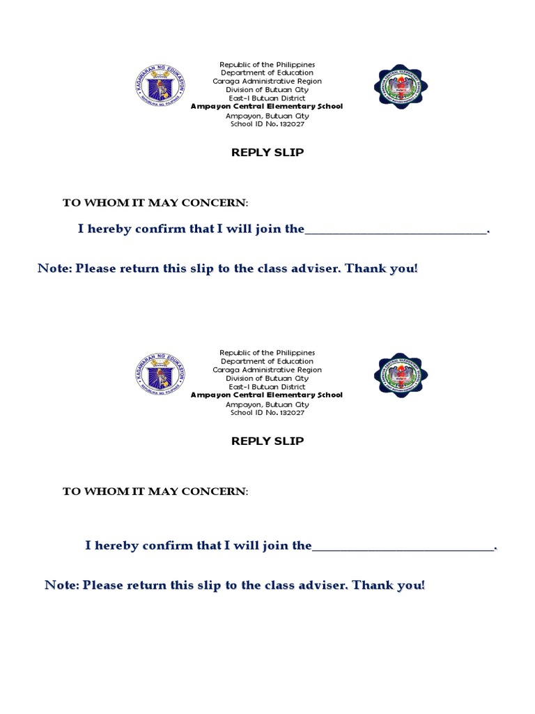 Reply Slip: Ampayon Central Elementary School | PDF
