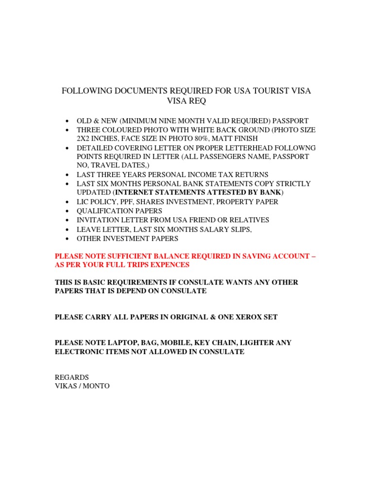 USA Tourist Visa Document Checklist | PDF | Travel Visa | Taxes
