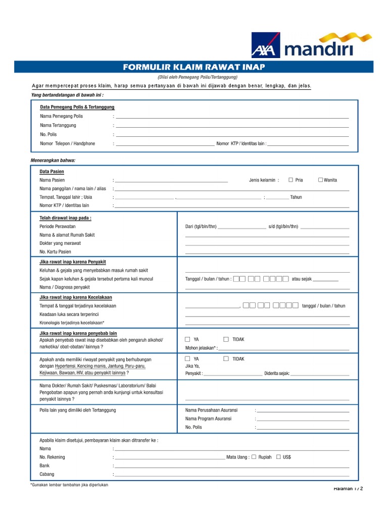 Formulir Klaim Rawat Inap Mandiri AXA Hospital Plan | PDF | Kesehatan Holistik