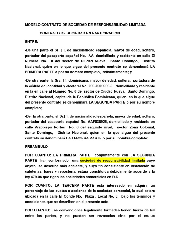 Modelo Contrato de Sociedad de Responsabilidad Limitada | PDF | Sociedad de responsabilidad ...