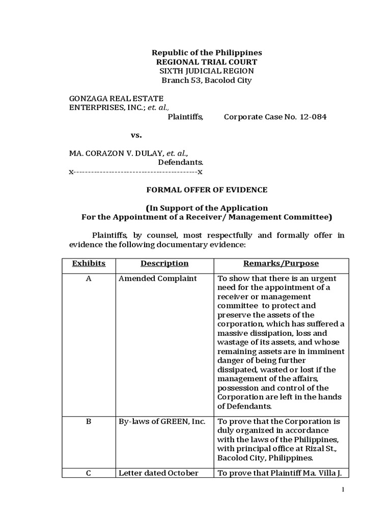 Formal Offer of Evidence | Balance Sheet | Financial Statement