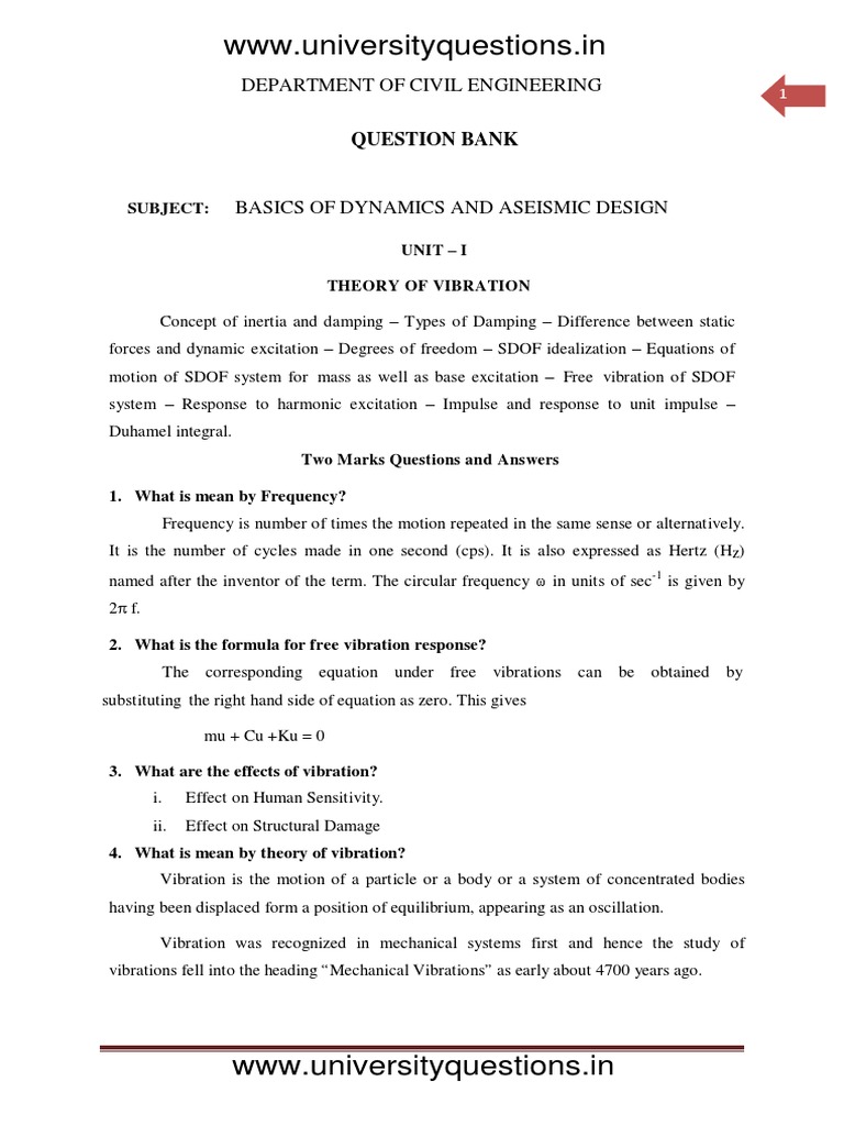 Basics of Dynamics and Aseismic Design | PDF | Earthquakes | Matrix ...
