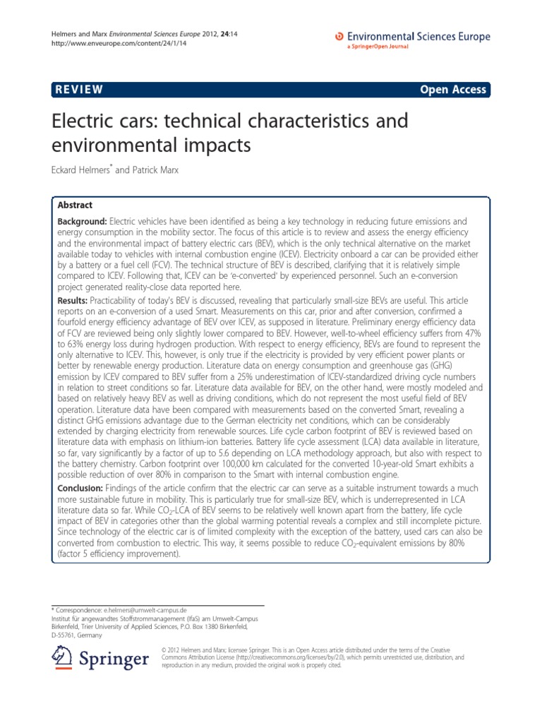 Electric Cars: Technical Characteristics and Environmental Impacts ...