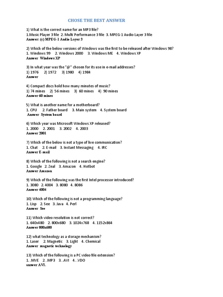 Chose The Best Answer: Answer: (C) MPEG-1 Audio Layer 3 | PDF ...