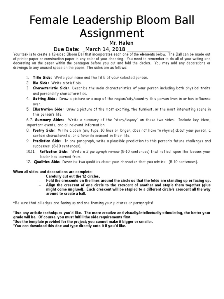 Female Leadership Bloom Ball Assignment | PDF | Leadership | Poetry