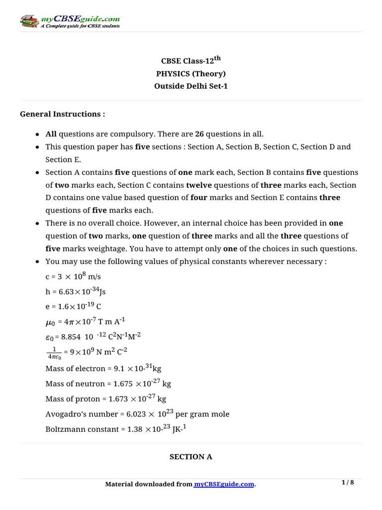CBSE Class-12 PHYSICS (Theory) Outside Delhi Set-1 | PDF | Inductance ...