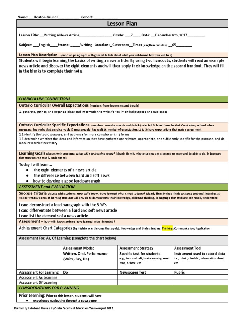 News Article Lesson Plan | PDF | Educational Assessment | Lesson Plan