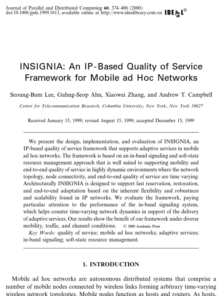 Insignia An Ip Based Quality Of Service Framework For Mobile Ad Hoc Networks Pdf Quality Of