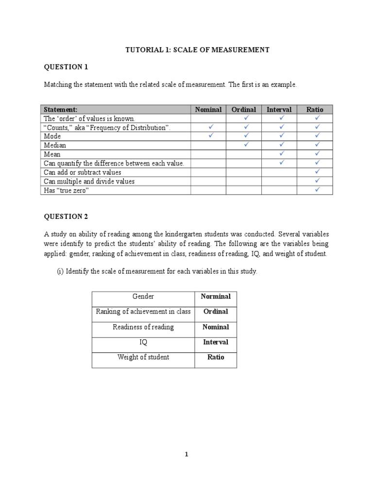 Tutorial 1 Scale of Measurement | PDF