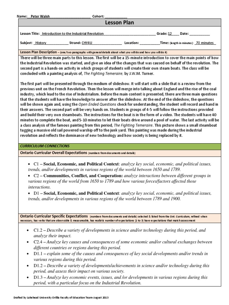 Industrial Revolution Lesson Plan | PDF | Educational Assessment ...