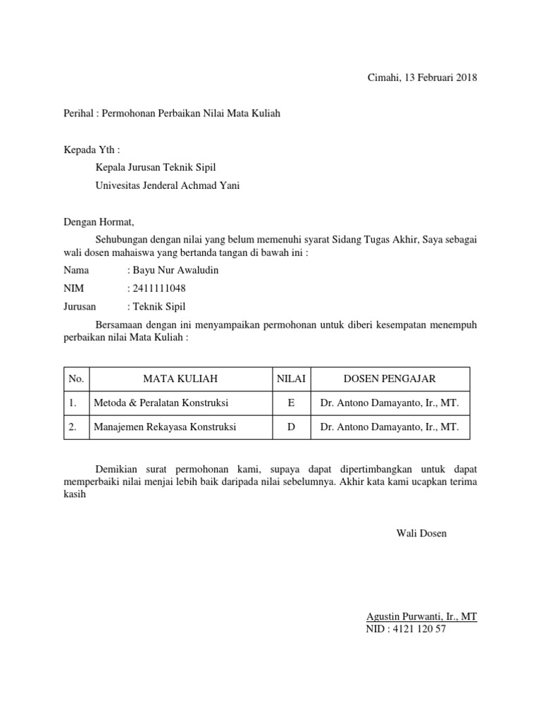 Surat Permohonan Perbaikan Nilai Mata Kuliah | PDF | Teknologi & Rekayasa