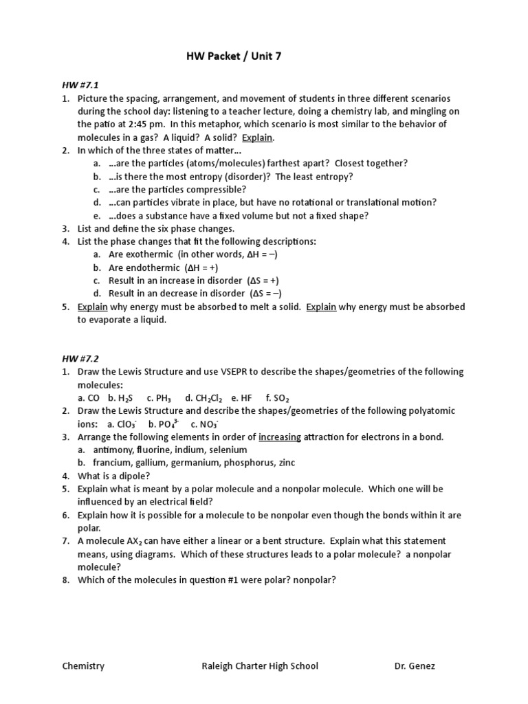 HW Packet / Unit 7 | PDF | Chemical Polarity | Intermolecular Force