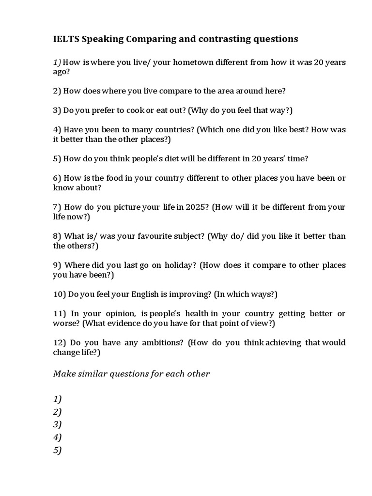 IELTS Speaking Comparing and Contrasting Questions | PDF