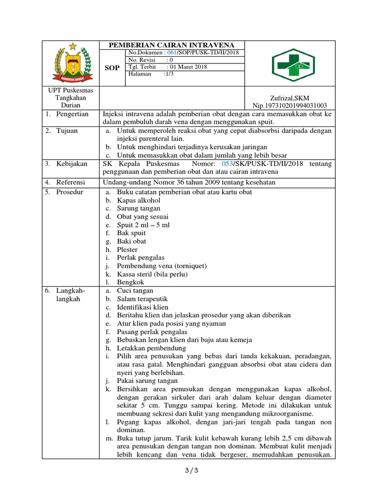 Sop Penggunaan Dan Pemberian Obat Dan Atau Cairan Intravena | PDF