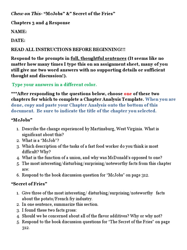 Chew on This Chapters 3 and 4 Response | Books | Cognition | Free 30 ...