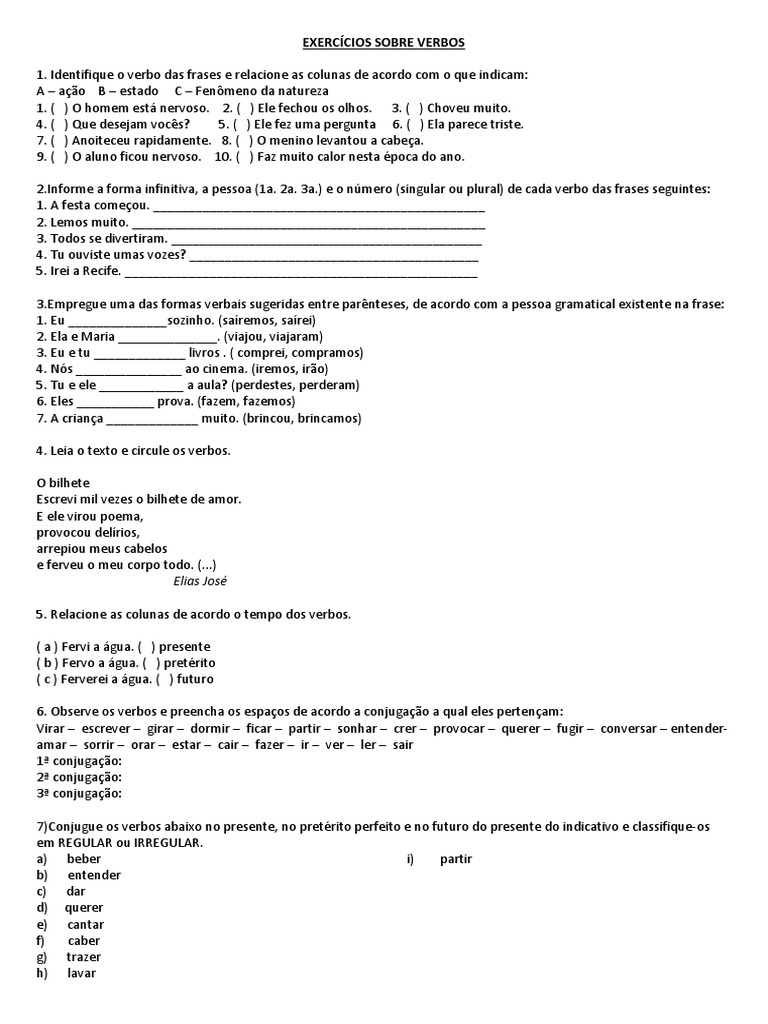 Exercícios Sobre Verbos