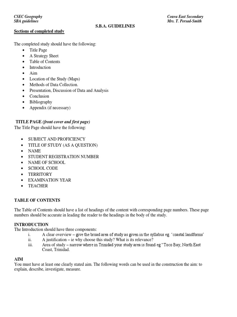 S.B.A. Guidelines Sections of Completed Studv: CSEC Geography Couva ...