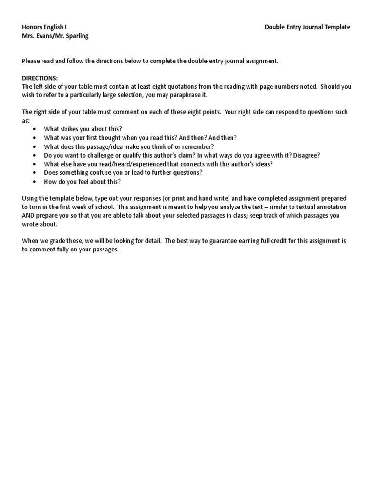 Double Entry Journal Template: Guidance for Honors English I Students | PDF