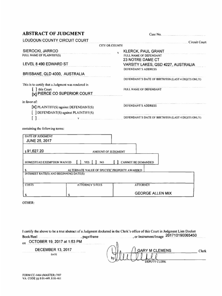 Jarrod Sierocki v. Paul Grant Klerck - Abstract of Judgment | PDF