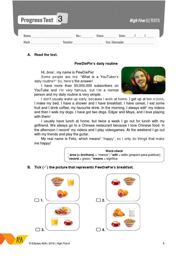 6th Grade - Progress Test 3A | PDF | Pew Die Pie | Lunch