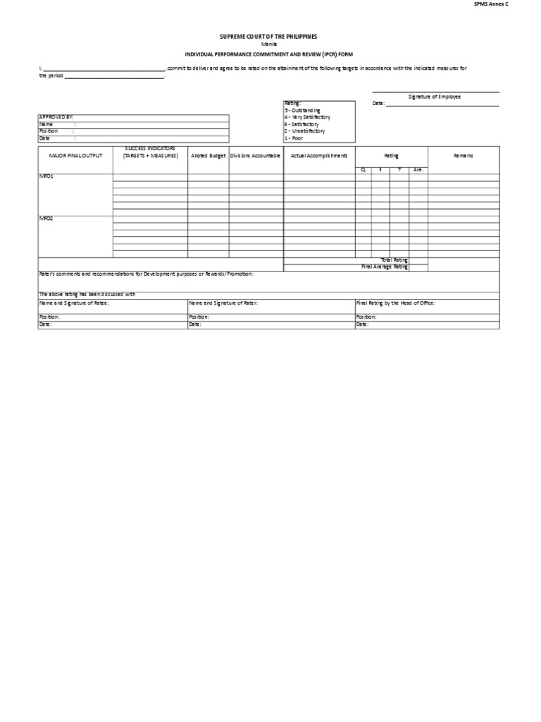 Blank Ipcr Form Pdf Government Economies
