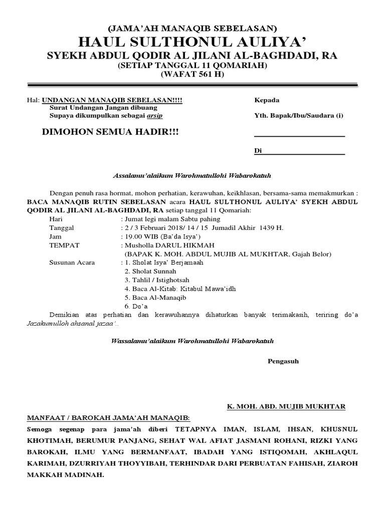 Undangan Manaqib | PDF | Memasak, Makanan, & Anggur | Griya & Taman