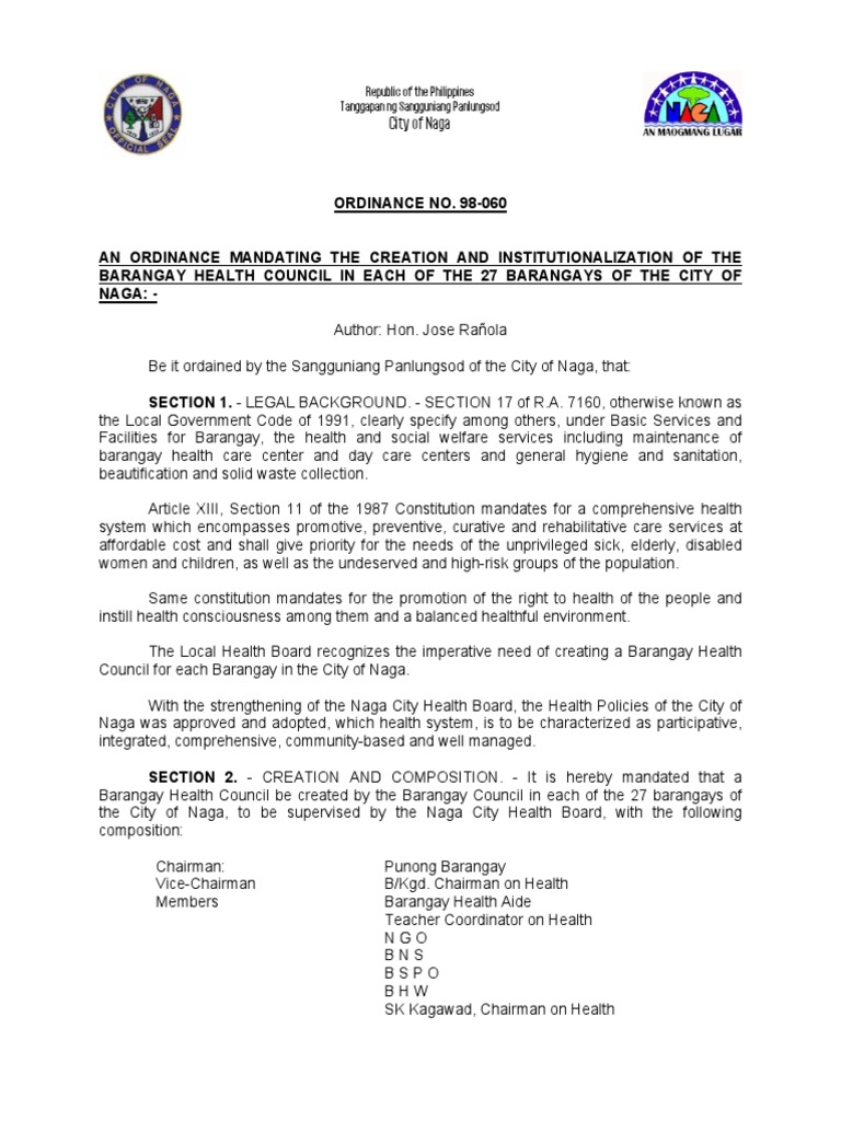CITY ORDINANCE NO. 98-060 of Naga City, Philippines | Government | Politics