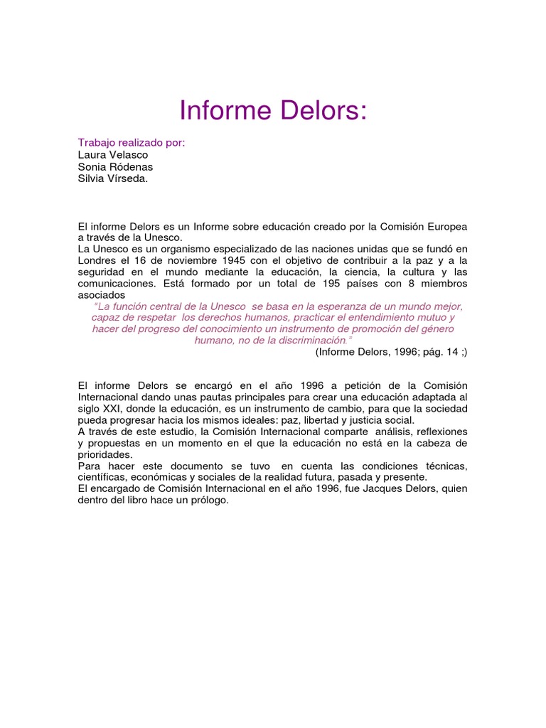Informe Delors | PDF | Maestros | Educación primaria
