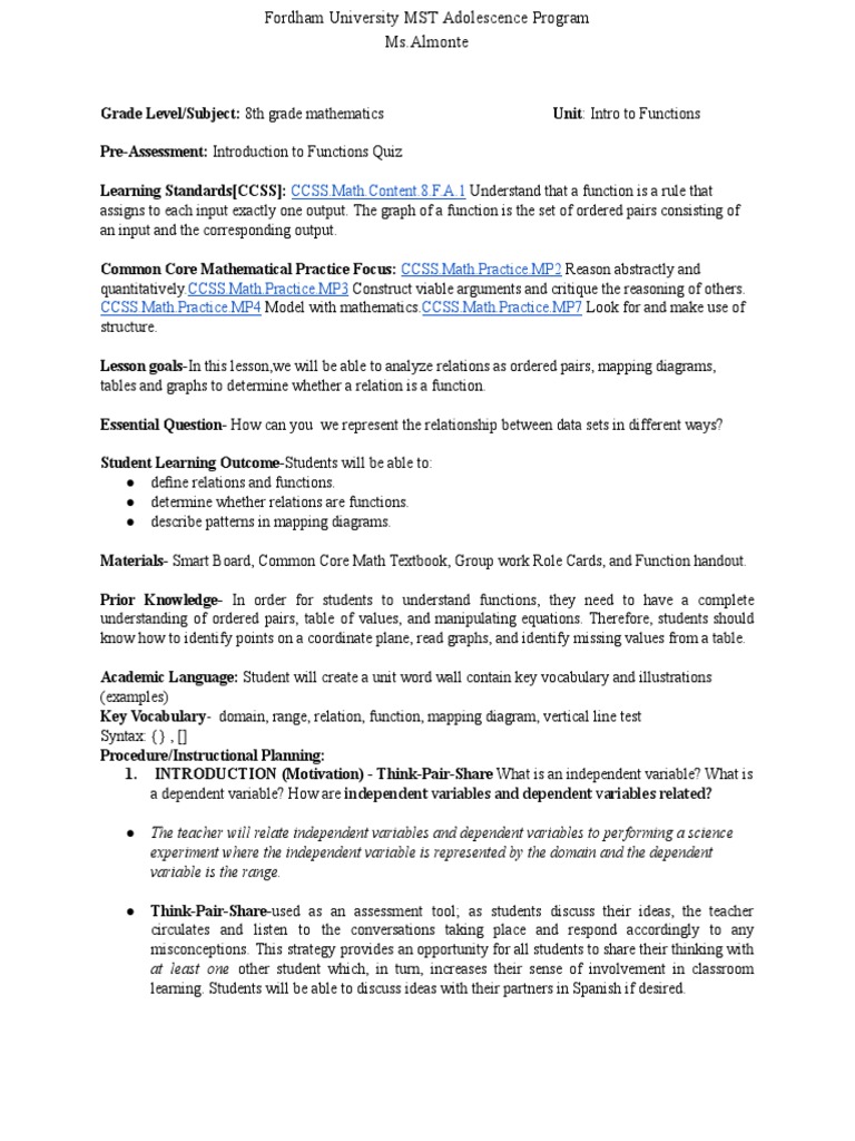 8thgrd Linear and Non-Linear Functions Lesson Segment | PDF | Function ...