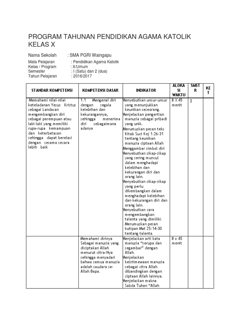Program Tahunan Pendidikan Agama Katolik Kelas X | PDF