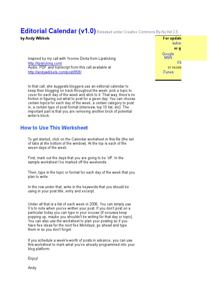Editorial Calendar (v1.0) : How To Use This Worksheet | PDF | Online ...