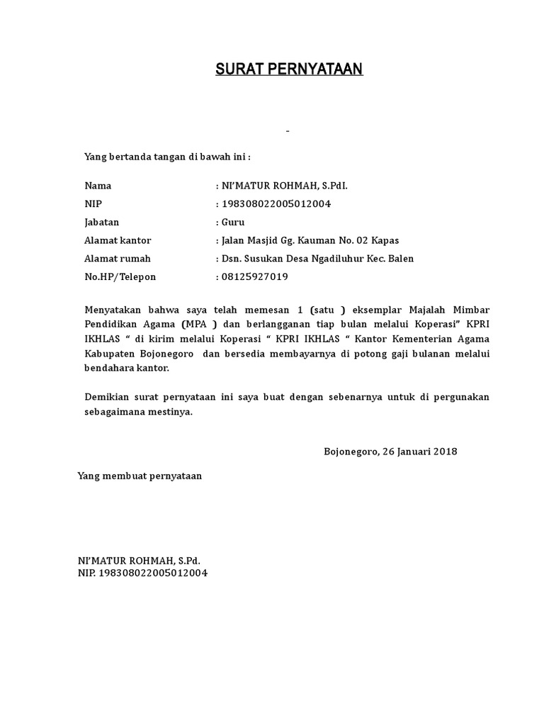 Surat Pernyataan Pesan Mpa | PDF