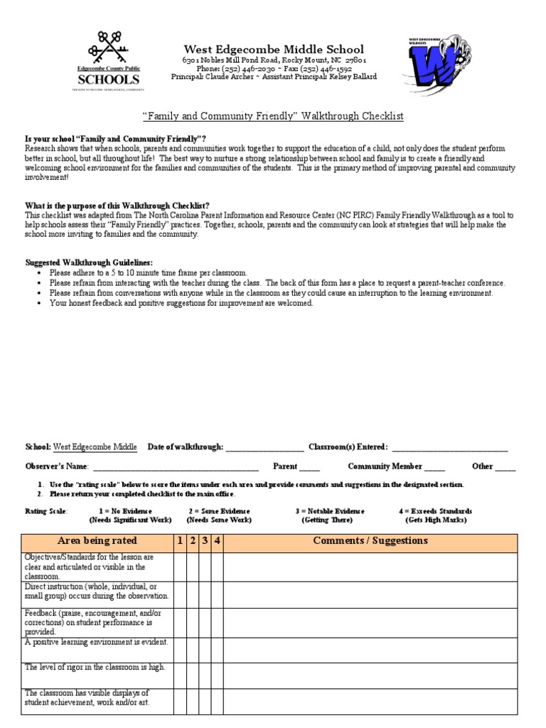 Walkthrough Checklist Form | PDF | Classroom | Teachers
