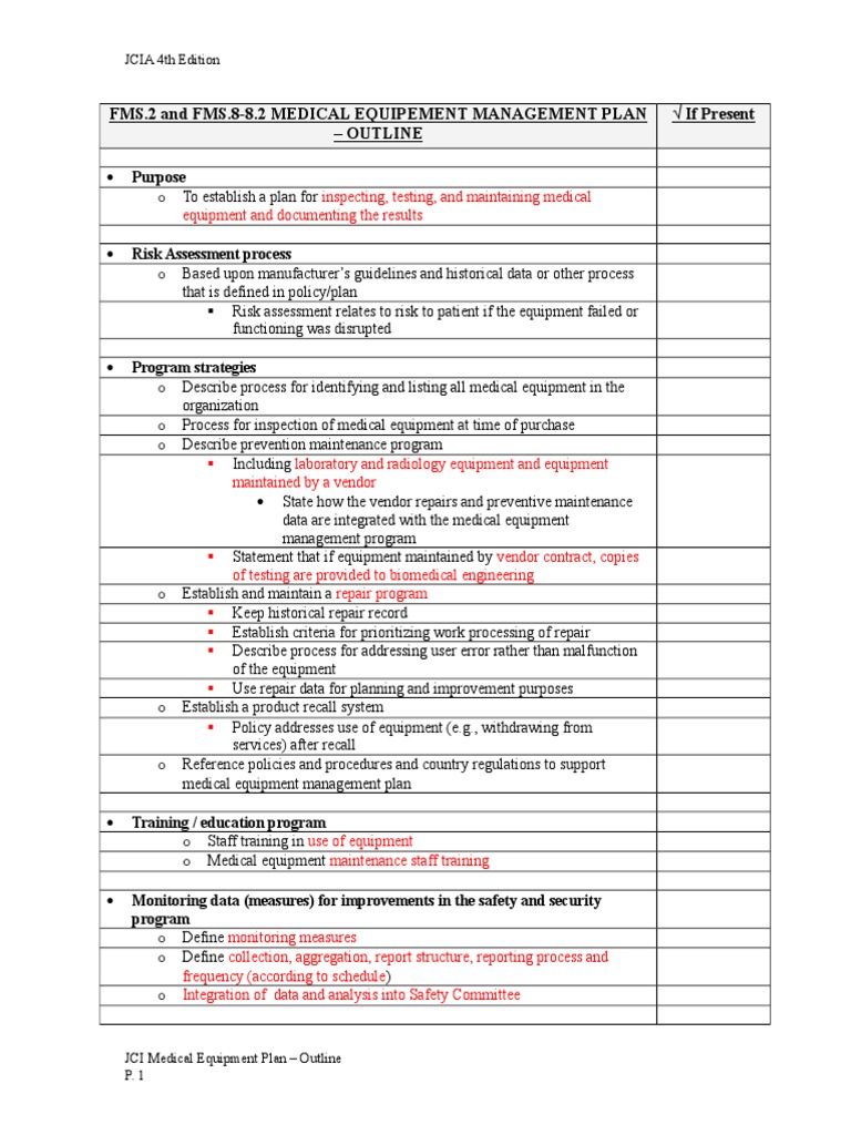 Medical Equipment Management Plan Outline | PDF | Business | Science