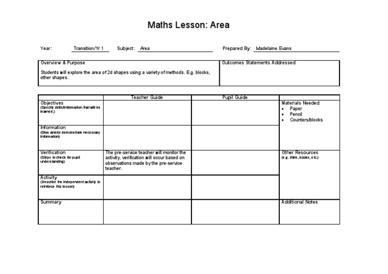 Lesson Plan - Maths (Area) | PDF