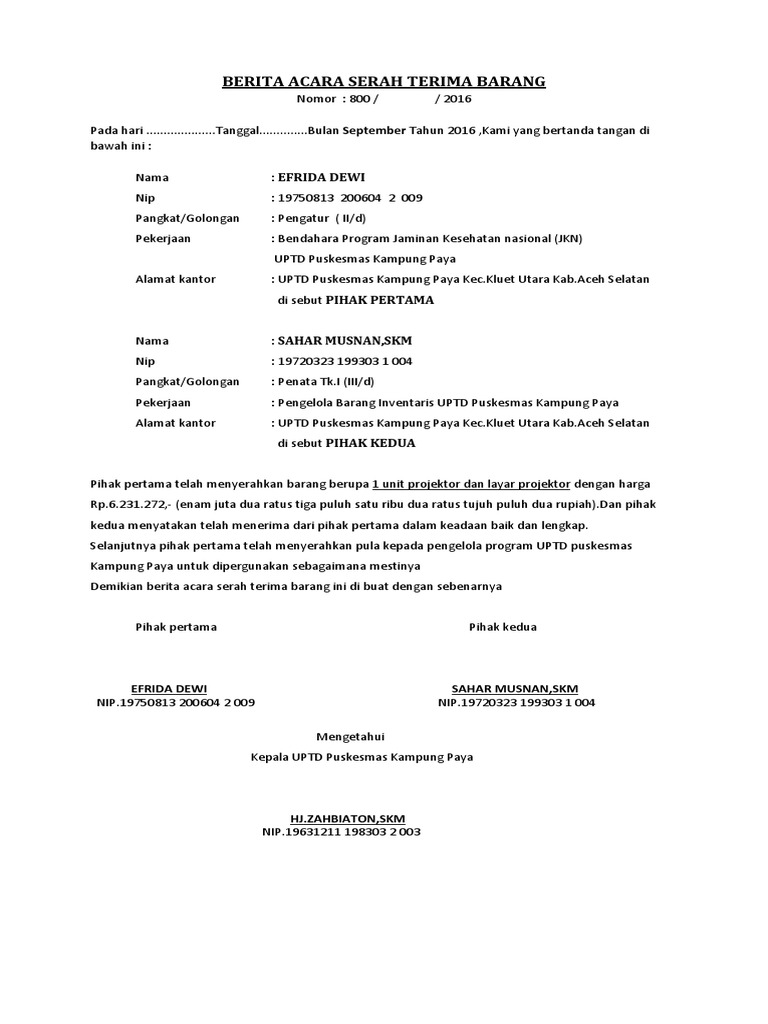 Contoh Berita Acara Serah Terima Barang | PDF